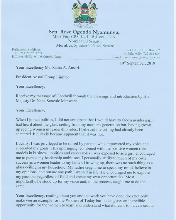 Senator Rose Ogendo's invitation letter to visit Kenya. - SaniaAnsari.com