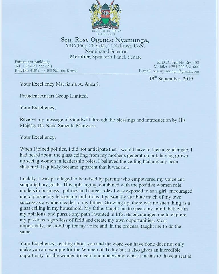 Senator Rose Ogendo s Invitation Letter To Visit Kenya SaniaAnsari